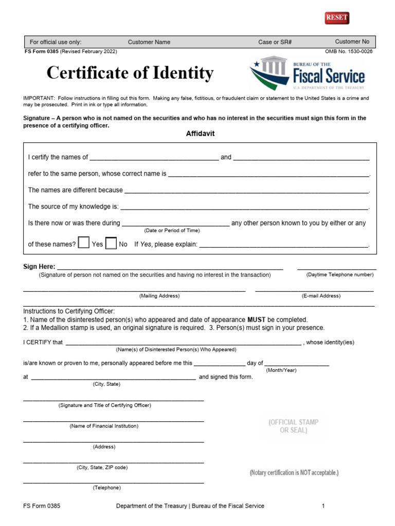 Certificate of Identity FS Form 0385 | PDF | Internal Revenue Service ...