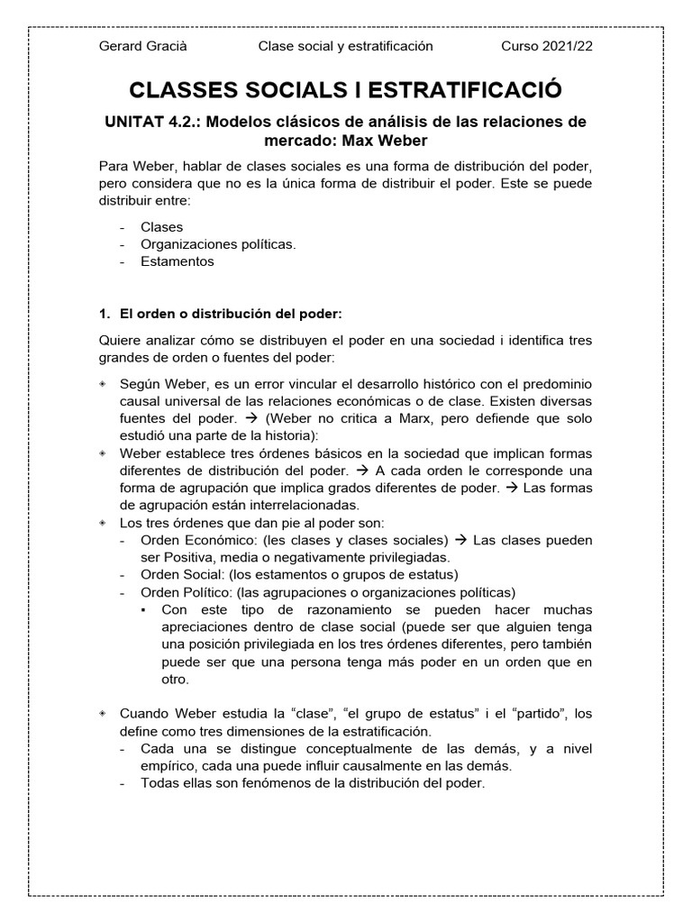 Apunts - Unitat 4.2 - Max Weber - Anàlisis de Classes - CLASSE SOCIAL I ... Apunts - Unitat 4.2 - Max Weber - Anàlisis de Classes - CLASSE SOCIAL I ...