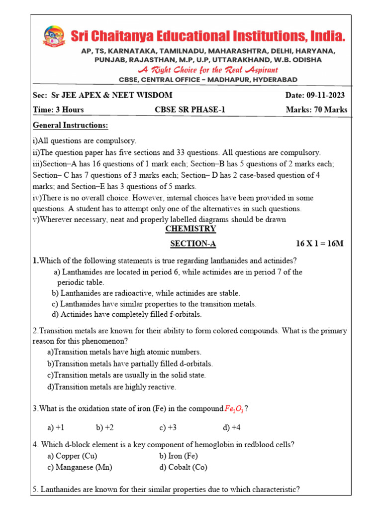 Cbse SR Jee Apex Neet Wisdom Chemistry Phase 1 QP 10 11 2023 PDF