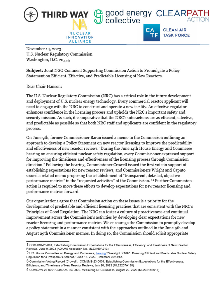 NGO Letter Supporting Commission Policy Statement On Licensing of New ... NGO Letter Supporting Commission Policy Statement On Licensing of New ...