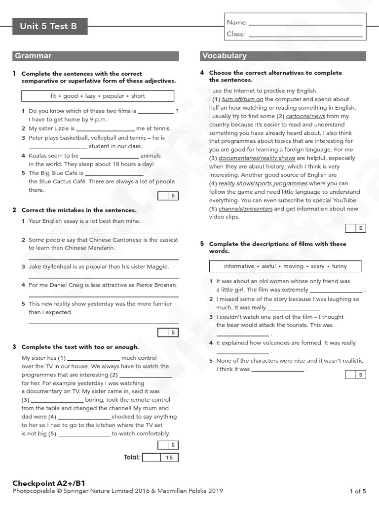 Checkpoint A2+ B1 Unit 5 Test B | PDF | English Language