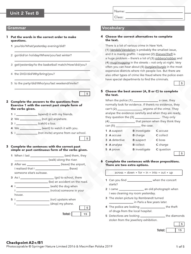 Checkpoint A2+ B1 Unit 2 Test B | PDF | Crimes | Crime & Violence