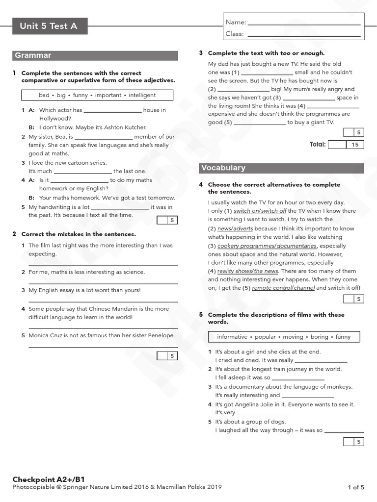 Checkpoint A2+/B1 Unit 5 Test | PDF