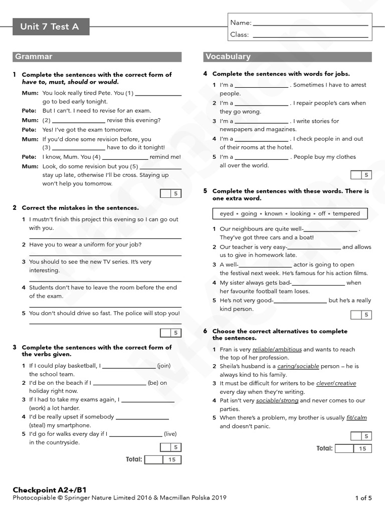 Unit 7 Test A: Checkpoint A2+/B1 | PDF