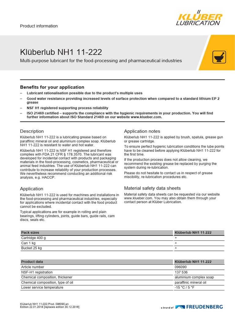Klüberlub NH1 11-222 EN en | PDF | Lubricant | Secondary Sector Of The Economy