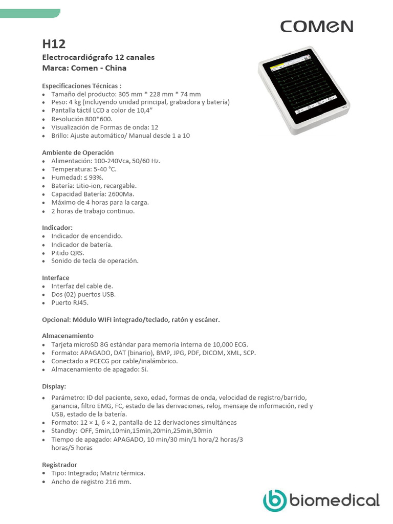 Electrocardiógrafo Comen H12 12 Canales | PDF | Electrocardiografia | Ingeniería Informática