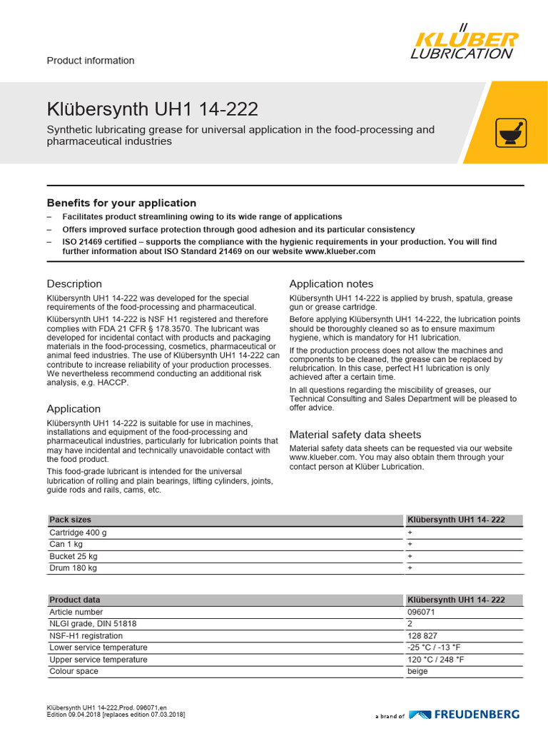 Klübersynth_UH1_14-222_EN_en | PDF | Lubricant | Materials