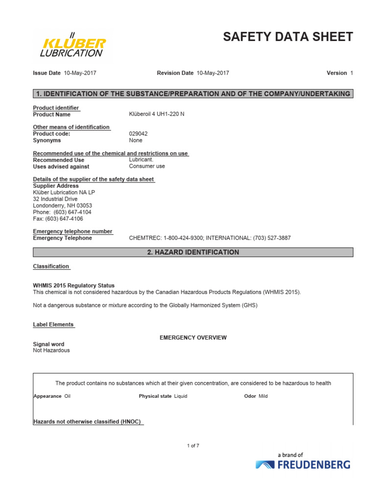 SDS Kluber Kluberoil 4 UH1-220N 05102017 EN | PDF | Occupational Safety ...