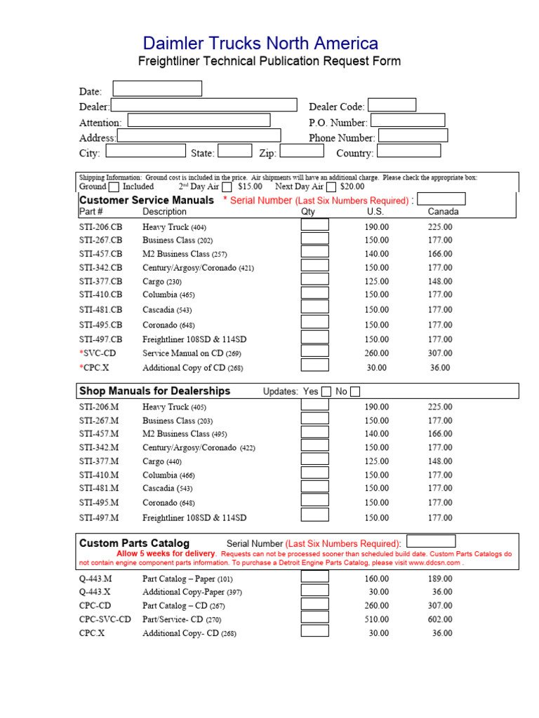 Freightliner Technical Manual Order Form | PDF | Vehicles | Land Vehicles