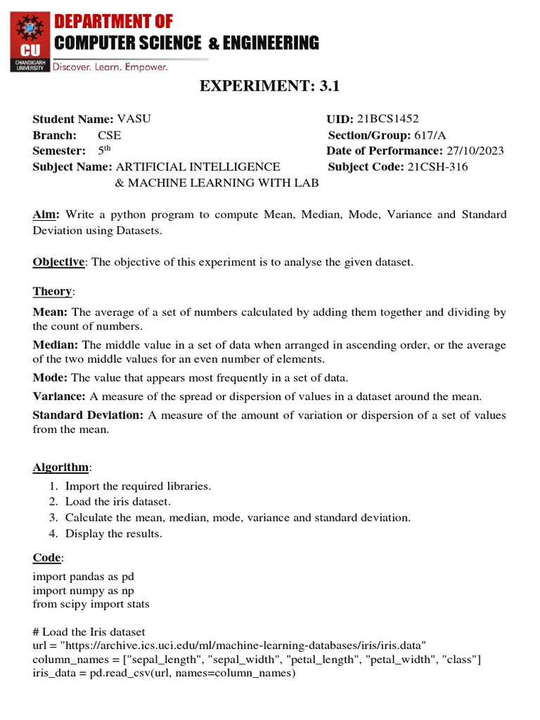Aiml Exp 3.1 Mean Median | PDF | Median | Variance Aiml Exp 3.1 Mean Median | PDF | Median | Variance