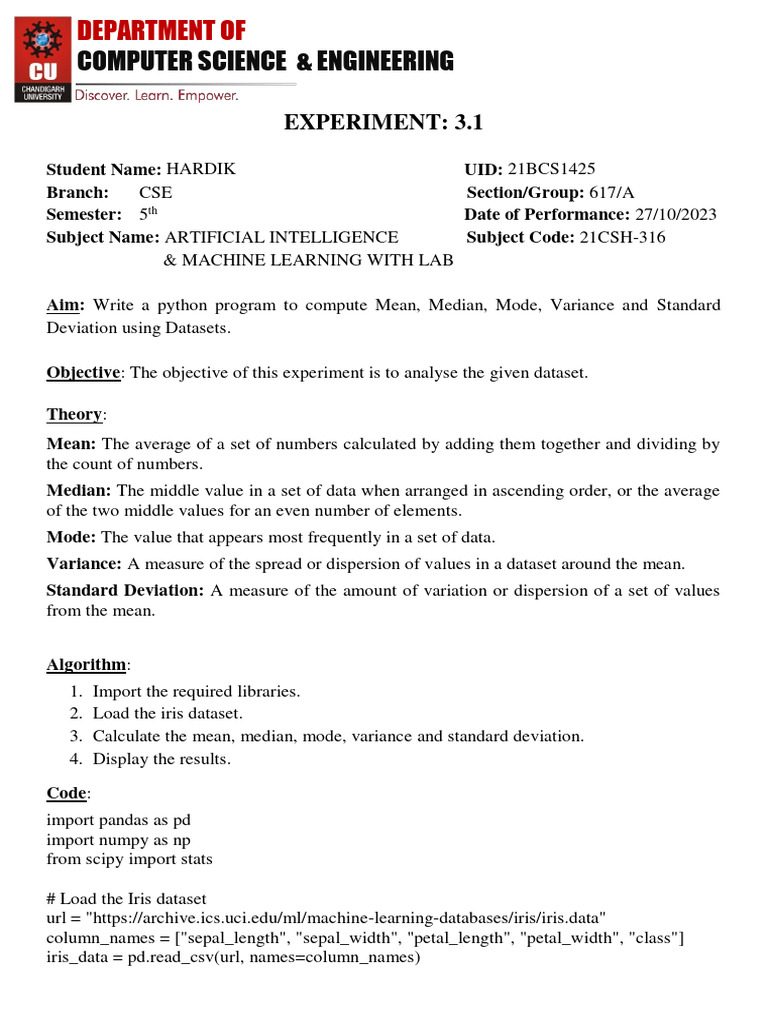 Aiml Exp 3.1 Mean Median | PDF | Median | Variance
