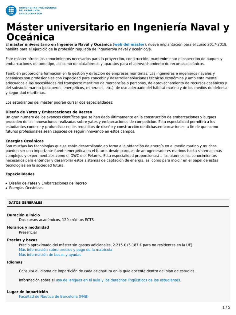 Máster Universitario en Ingeniería Naval y Oceánica (FNB) | PDF ...