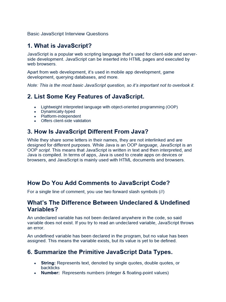 Basic JavaScript Interview Questions | Download Free PDF | Java Script | Dynamic Web Page