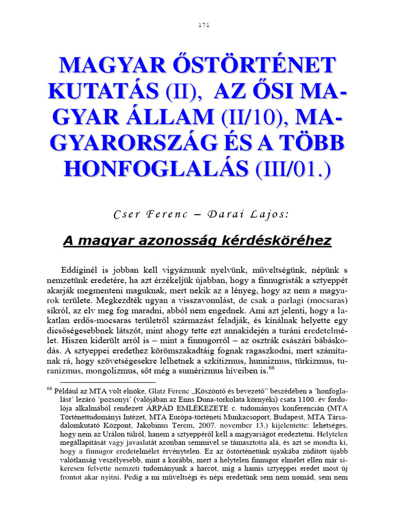 Cser Ferenc, Darai Lajos - A Magyar Azonosság Kérdés Köréhez | PDF