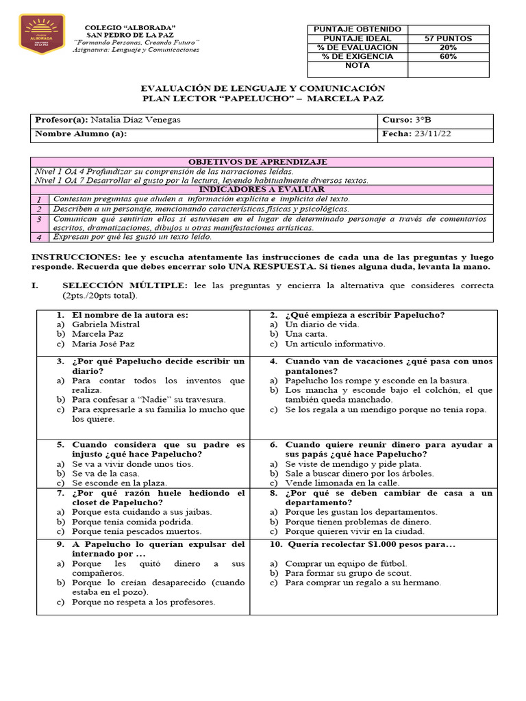 Plan Lector Noviembre 3ro Papelucho | PDF