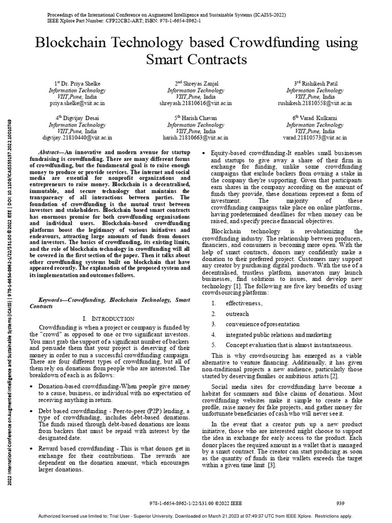 Blockchain Technology Based Crowdfunding Using Smart Contracts | PDF | Computing