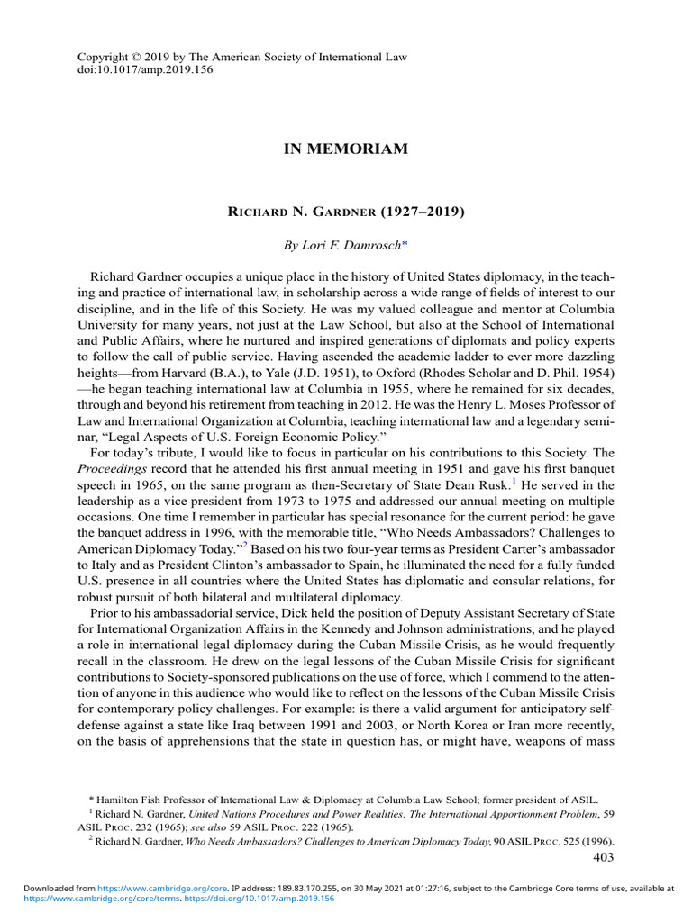 Richard N Gardner 19272019 | PDF | Diplomacy | Foreign Policy Of The ...