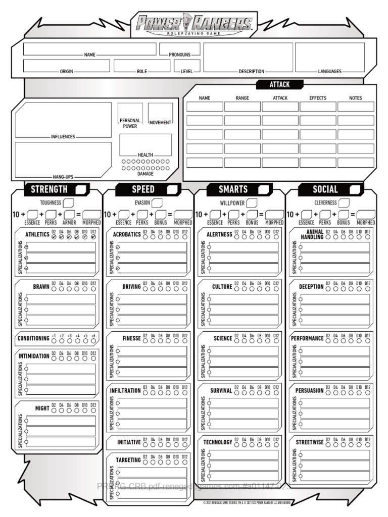 Power Rangers RPG Character Sheet FORM FILLABLE | PDF