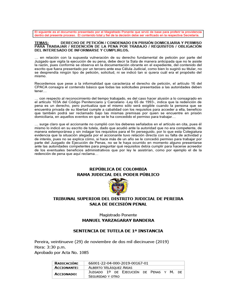 T1a 2019-00167 (S) - Derecho de peticion. Redencion de pena por trabajo ... T1a 2019-00167 (S) - Derecho de peticion. Redencion de pena por trabajo ...