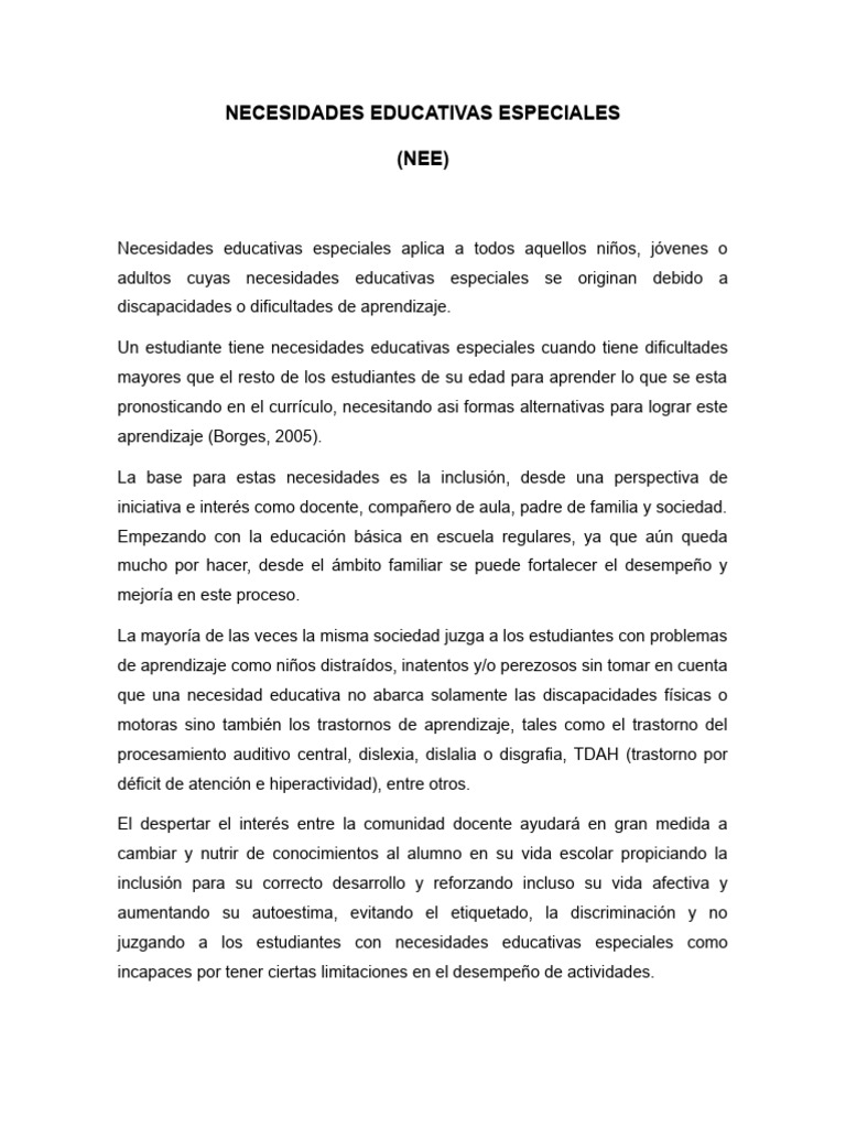 Necesidades Educativas Especiales (NEE) | PDF | Invalidez | Aprendizaje