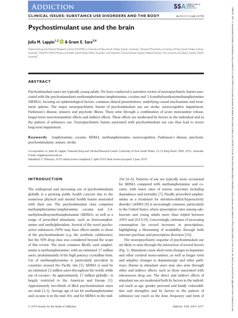 Addiction - 2019 - Lappin - Psychostimulant Use and The Brain | PDF | Stimulant | Stroke