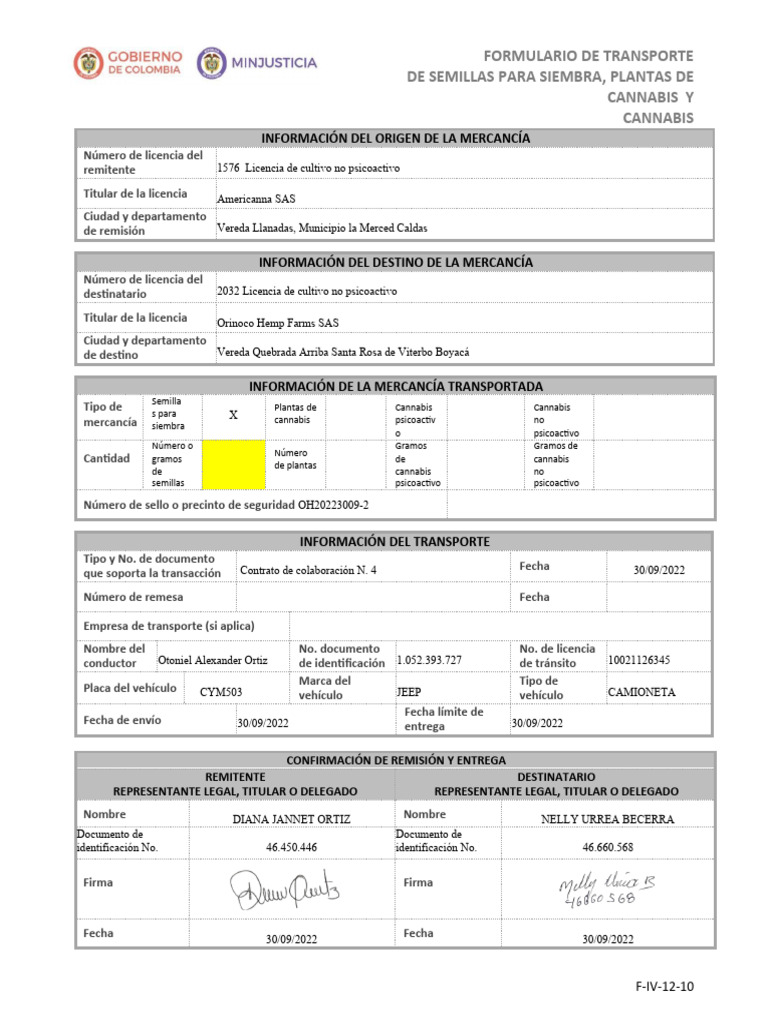 Formulario Transporte Cannabis Np Americanna Orinoco Pdf Canabis