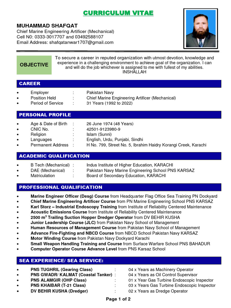 Curriculum Vitae - Muhammad Shafqat-1-2 | PDF | Marine Propulsion | Gas ...