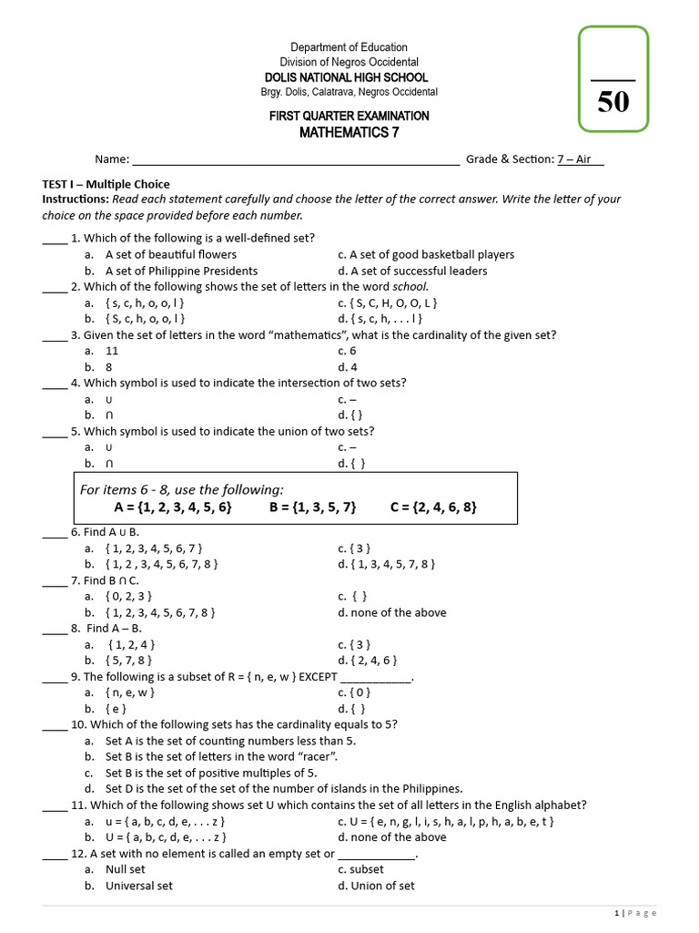 Math 7 Q1 Exam | PDF | Multiplication | Integer