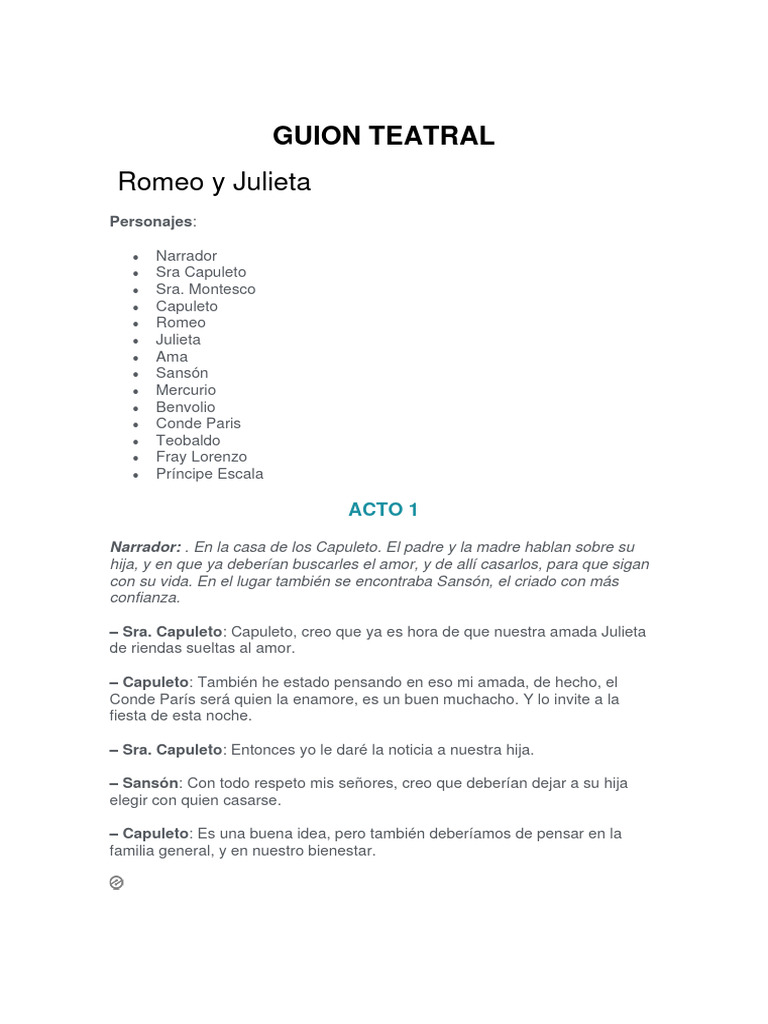 GUION TEATRAL ROMEO Y JULIETA | PDF | Romeo y Julieta