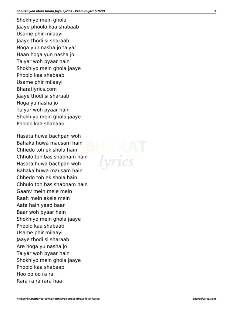 Shoukhiyon Mein Ghola Jaye Lyrics | PDF | Social Science