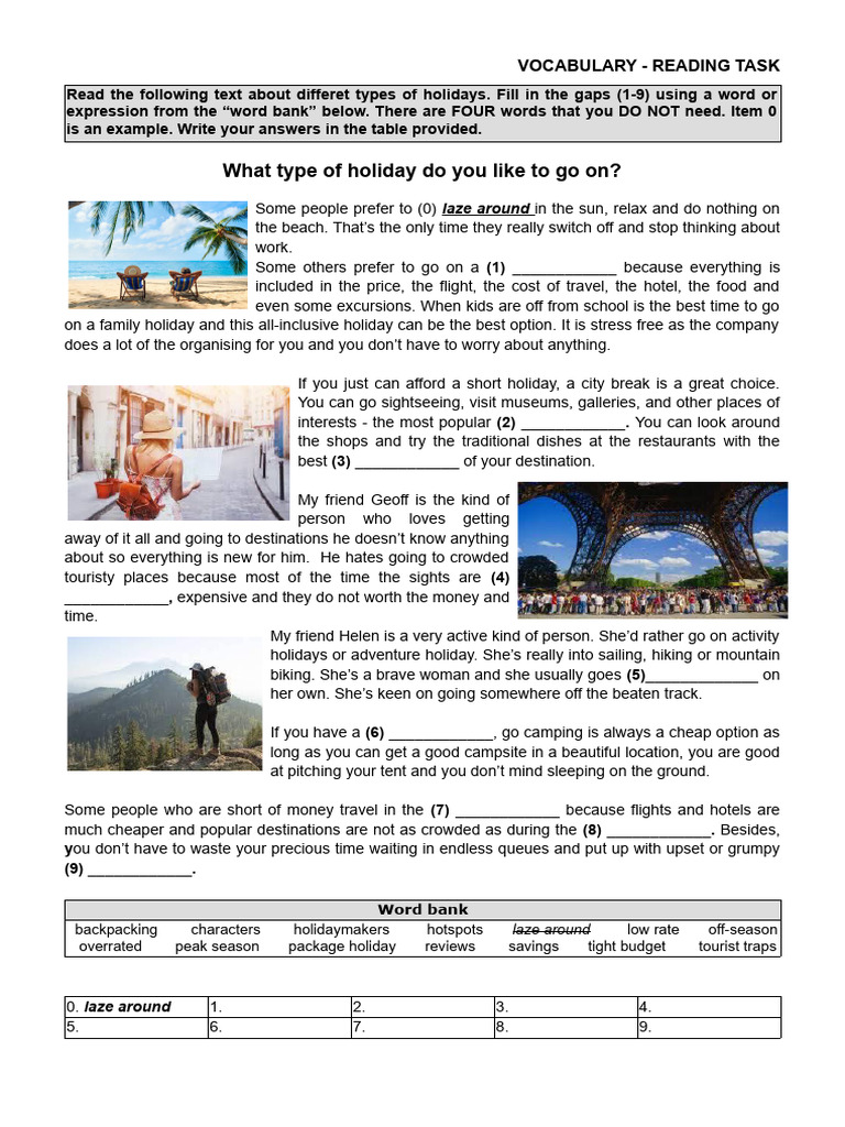 READING TASK - Type of Holidays | PDF | Tourism