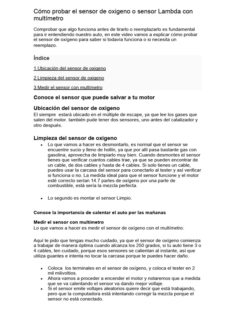 Cómo Probar El Sensor de Oxigeno o Sensor Lambda Con Multímetro | PDF ...