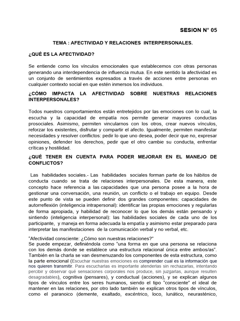 Sesion 05 Afectividad Y Relaciones Personales Pdf Las Emociones