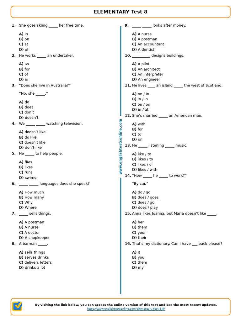 Elementary Test 8 Answers | PDF