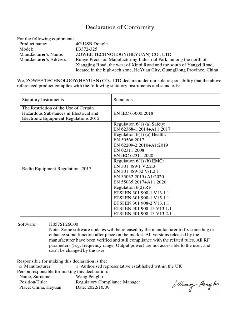E3372-325 UKCA DoC 20221009 | PDF | Electrical Engineering | Electronics