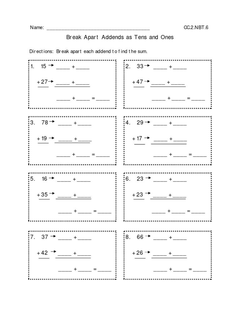 Break Apart Addends As Tens and Ones: Name: - CC.2.NBT.6 | PDF ...