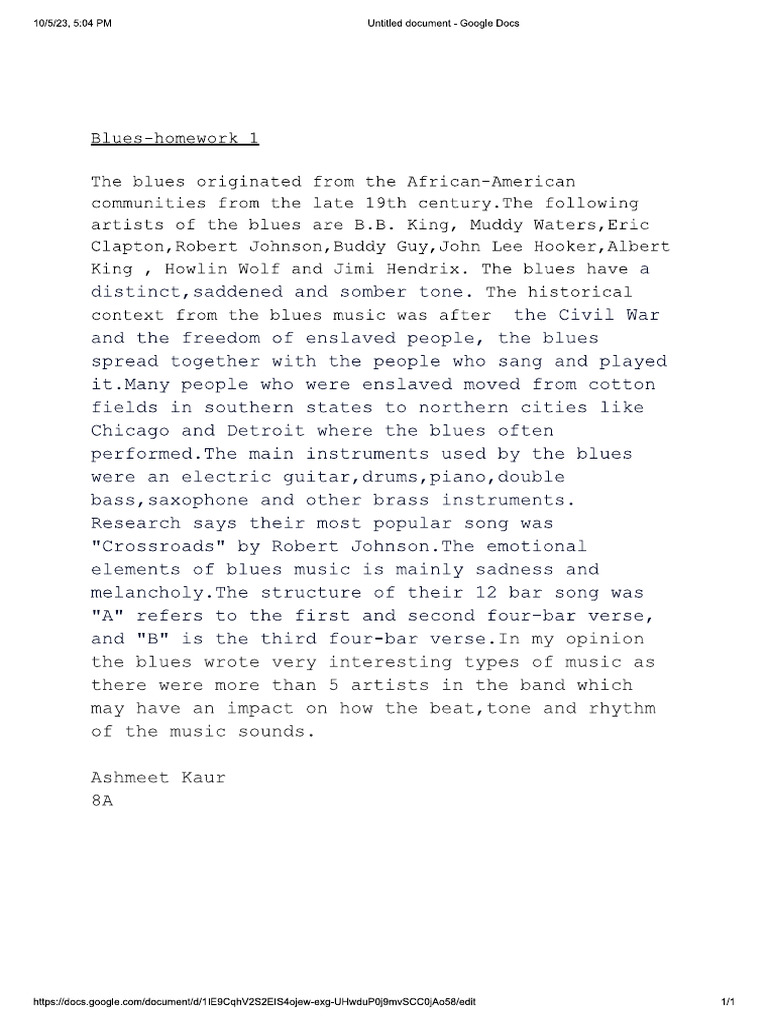 The Blues Music Homework 1 | PDF