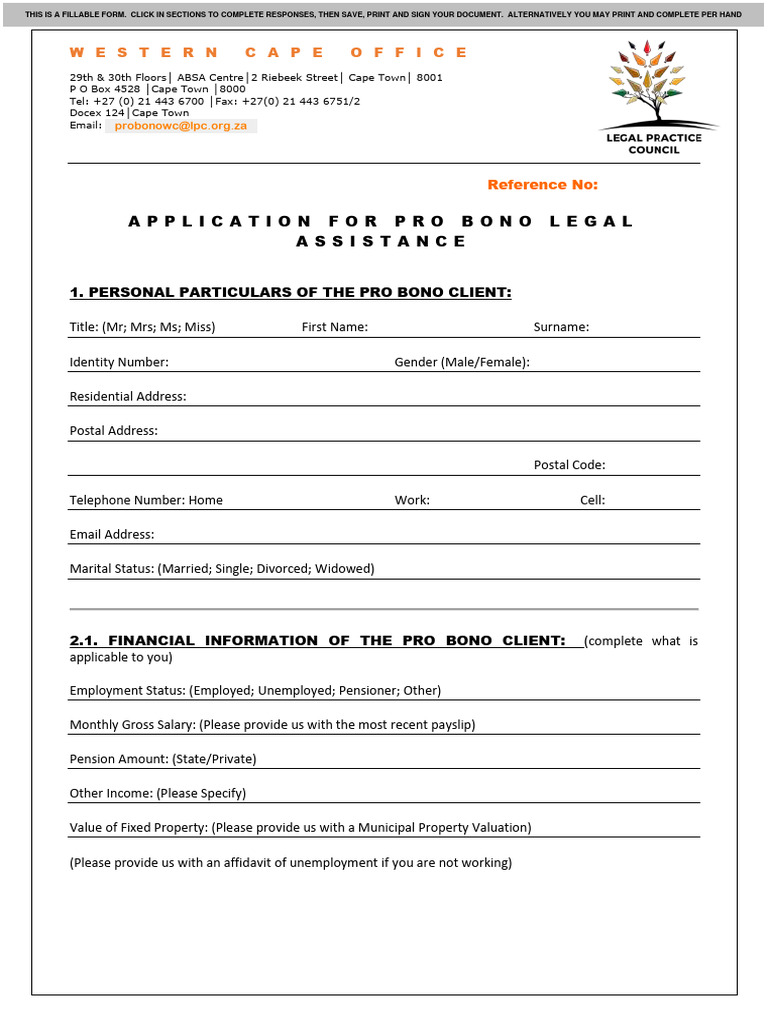Pro Bono Legal Assistance Application Form | PDF | Lawyer | Justice