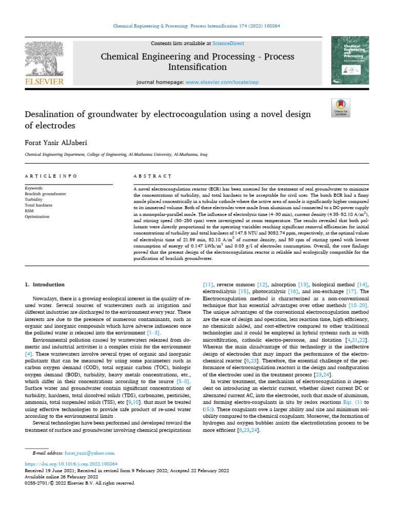 Novel Electrocoagulation Design for Groundwater | PDF | Analysis Of ...