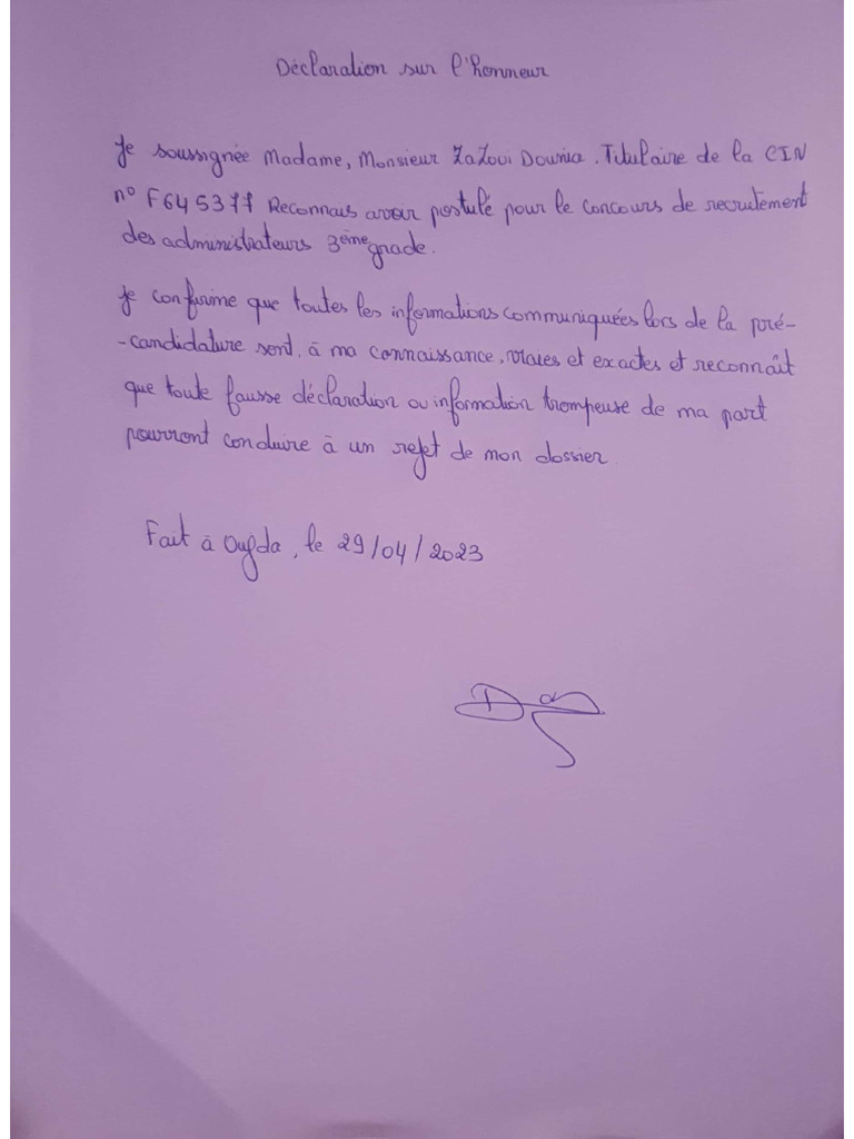 Déclaration Sur l'Honneur | PDF