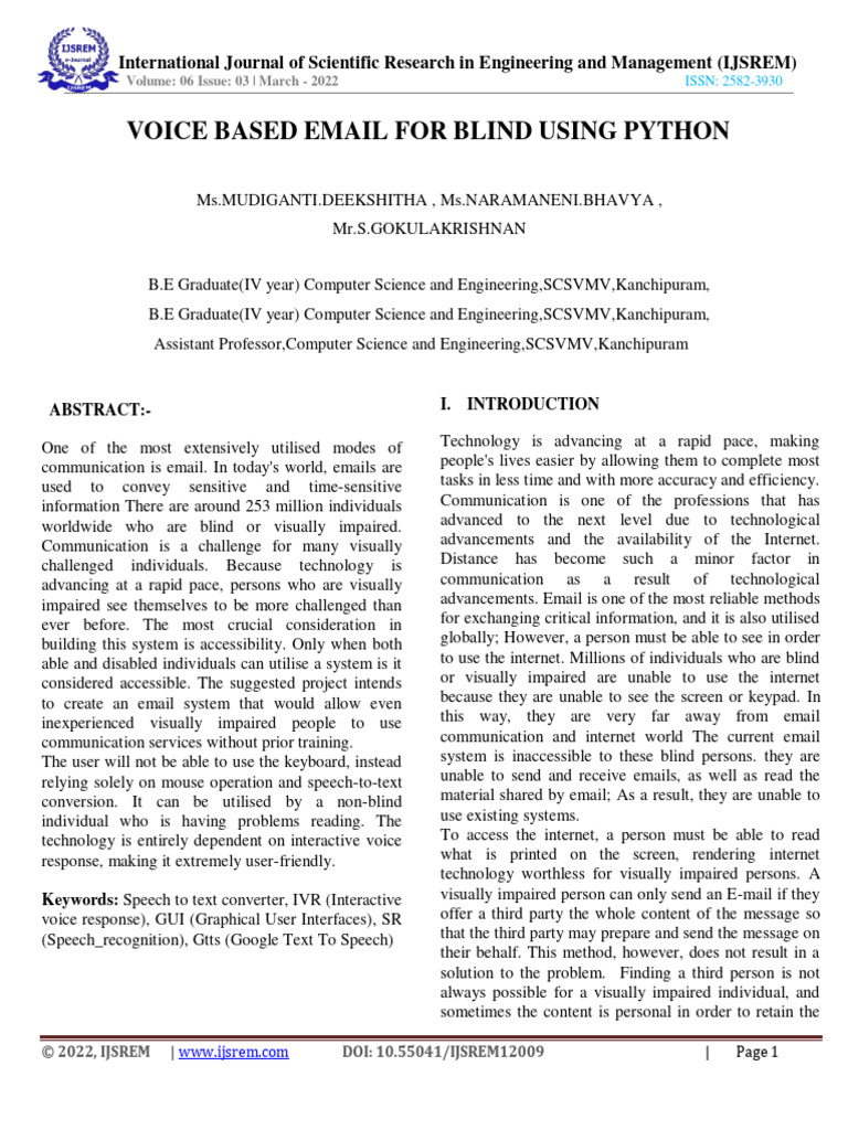 VOICE BASED EMAIL FOR BLIND USING PYTHON | PDF | Speech Recognition | Mobile App