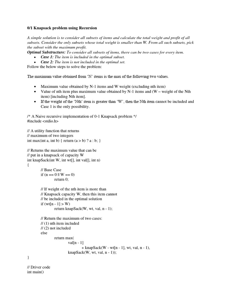 0-1 Knapsack Probelm Solution | PDF | Theoretical Computer Science | Mathematics Of Computing