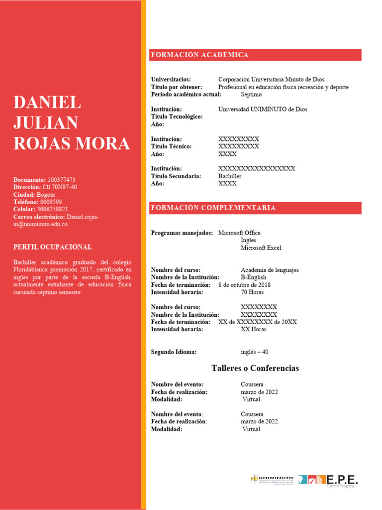 Formato Uniminuto Hoja de Vida Progresa Daniel | PDF