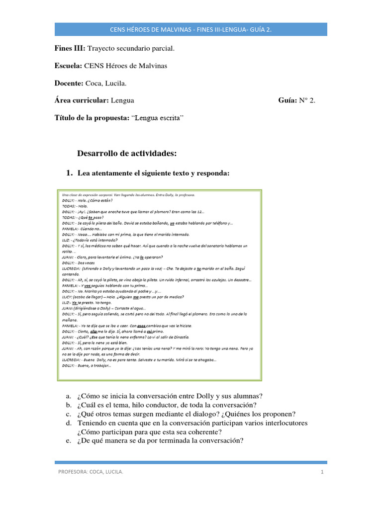 Cens Heroes de Malvinas - Fines 3-Lengua-Guian°2 | PDF | Comunicación ...