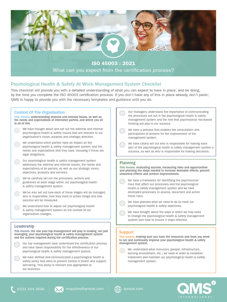 ISO 45003 Checklist QMS | PDF | Occupational Safety And Health | Mental Health