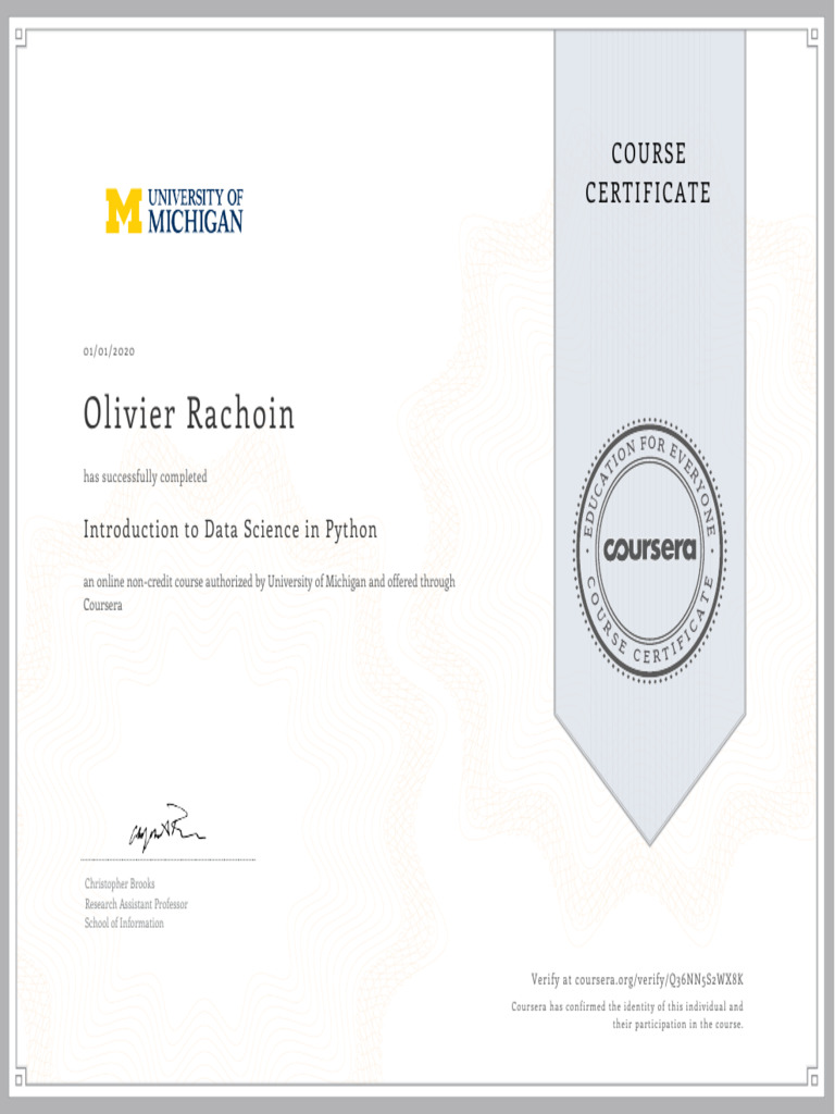 Introduction To Data Science in Python Certificate | PDF | Service ...