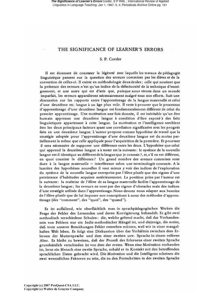 The Significance of Learner's Errors - S. P. Corder | PDF