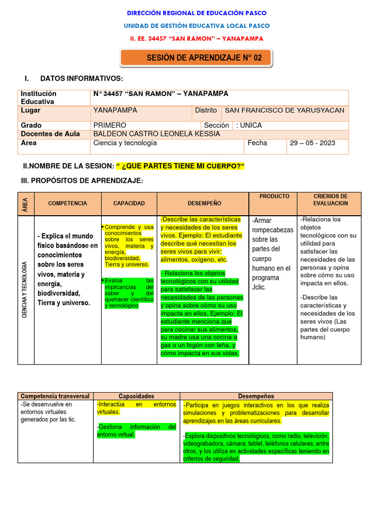 Sesion Cuerpo Humano Alfabetizacion Pdf Evaluación Aprendizaje
