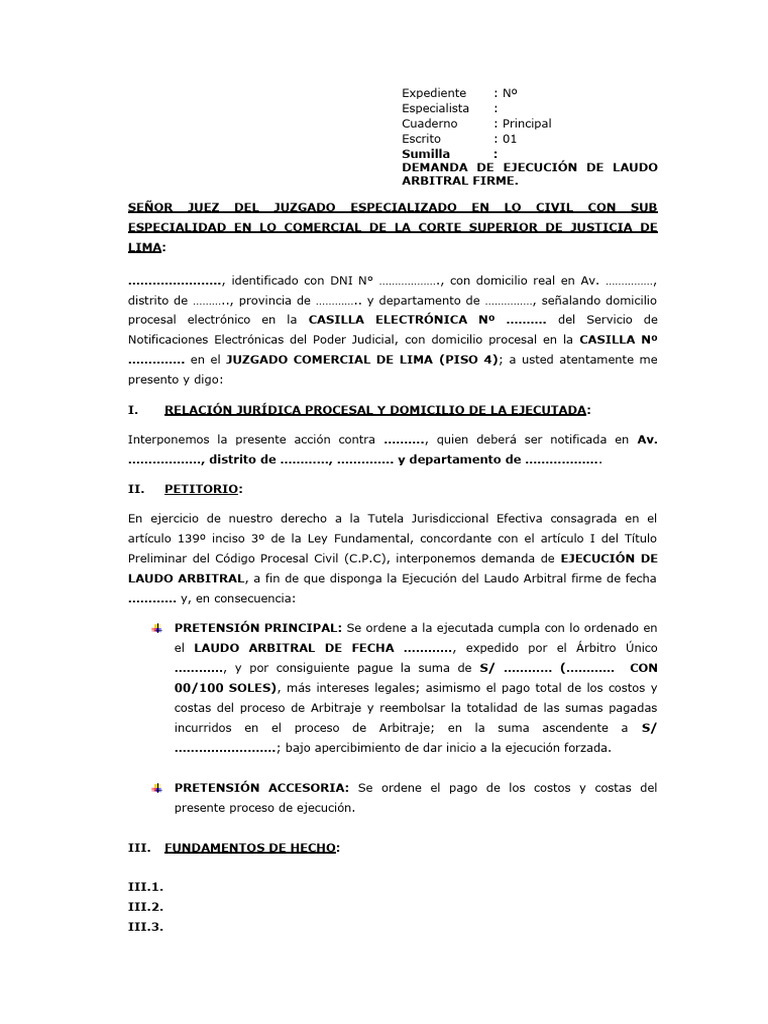 Modelo de Demanda de Ejecucion de Laudo Arbitral | PDF | Arbitraje | Demanda judicial