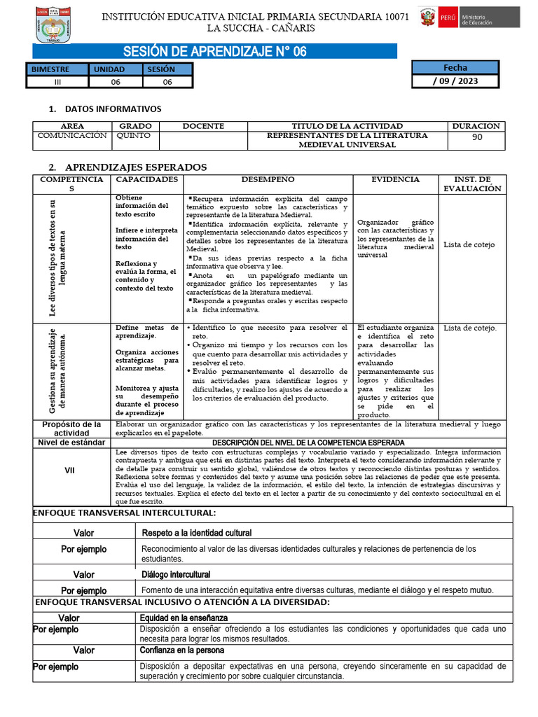 SESIÓN N° 6 - QUINTO | PDF | Aprendizaje | Evaluación